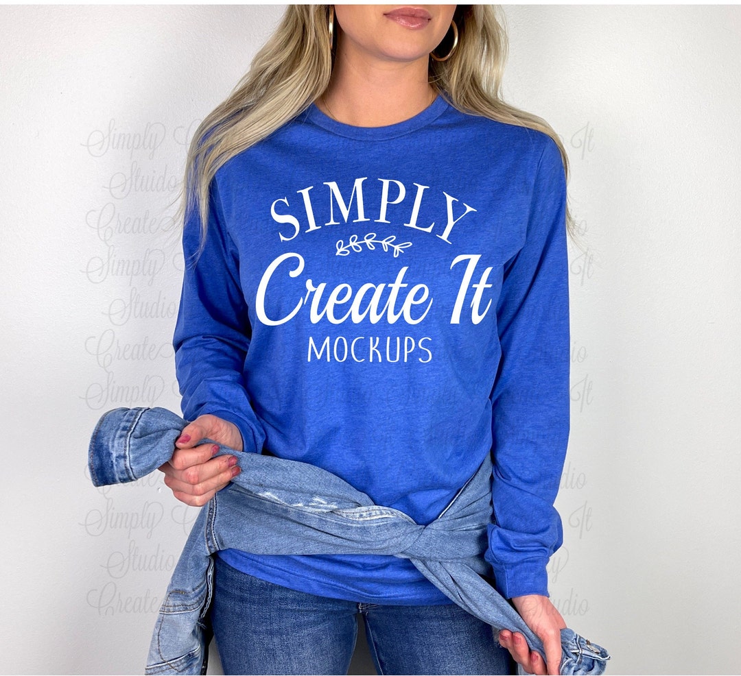 Bella 3501CVC Heather True Royal Mockup, Long Sleeve Model Mockup, 3501 ...