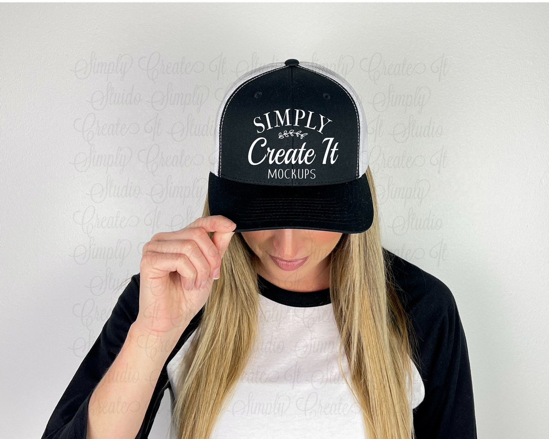 Black White Trucker Hat Model Mockup, 6606 White Trucker Hat Mockup ...