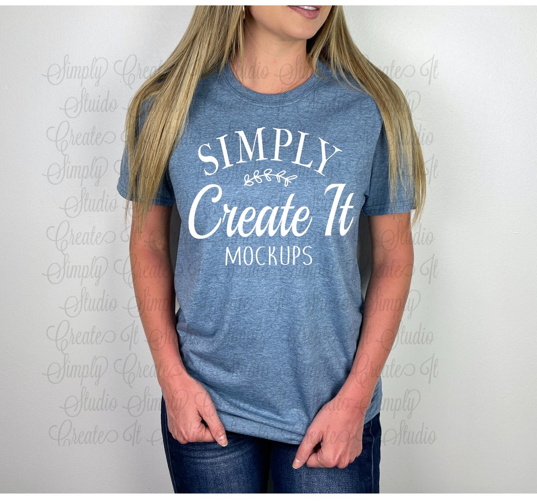 Gildan 64000 Heather Indigo Model Mockup, 64000 Heather Indigo Mockup ...