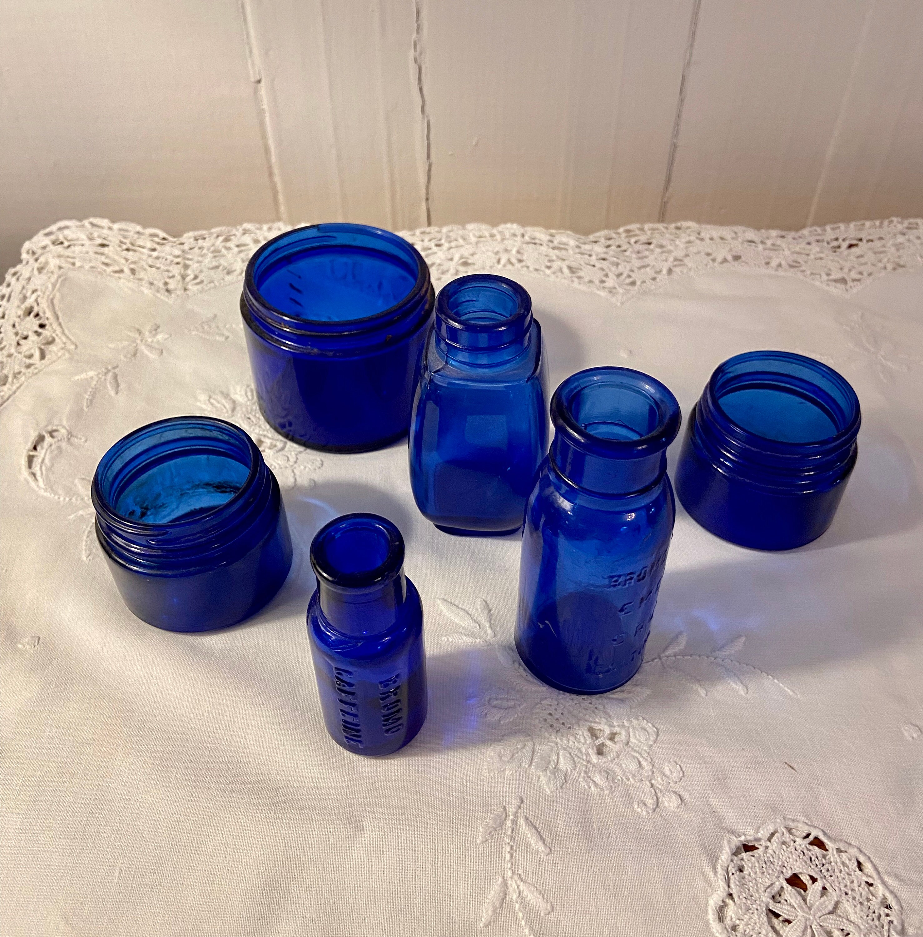 Lot of 6 Vintage Cobalt Blue Glass Jars - Bromo Caffeine, Bromo Seltzer ...