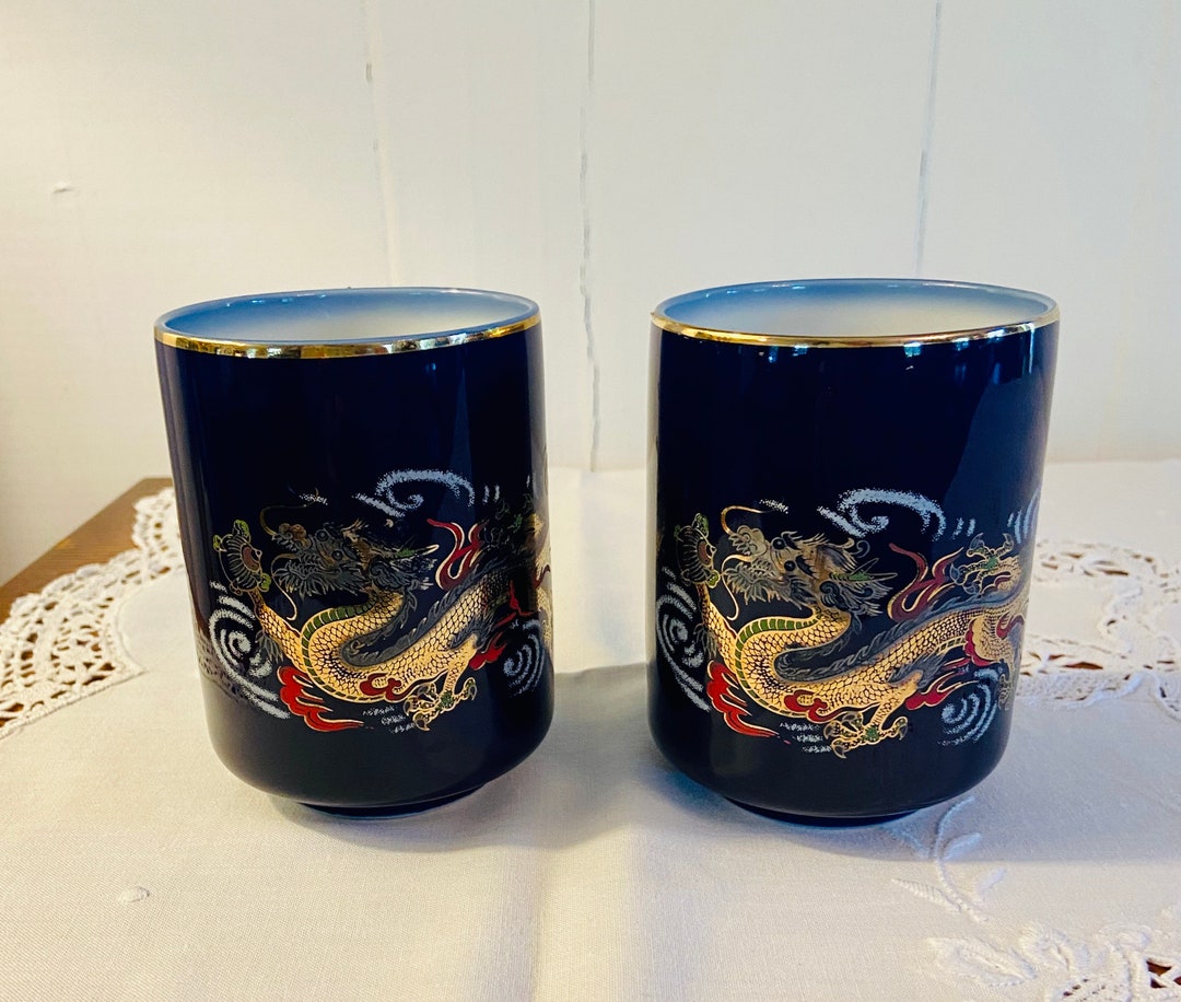 Cobalt Blue Chinoiserie Dragon Design Porcelain Cups two With Gold ...