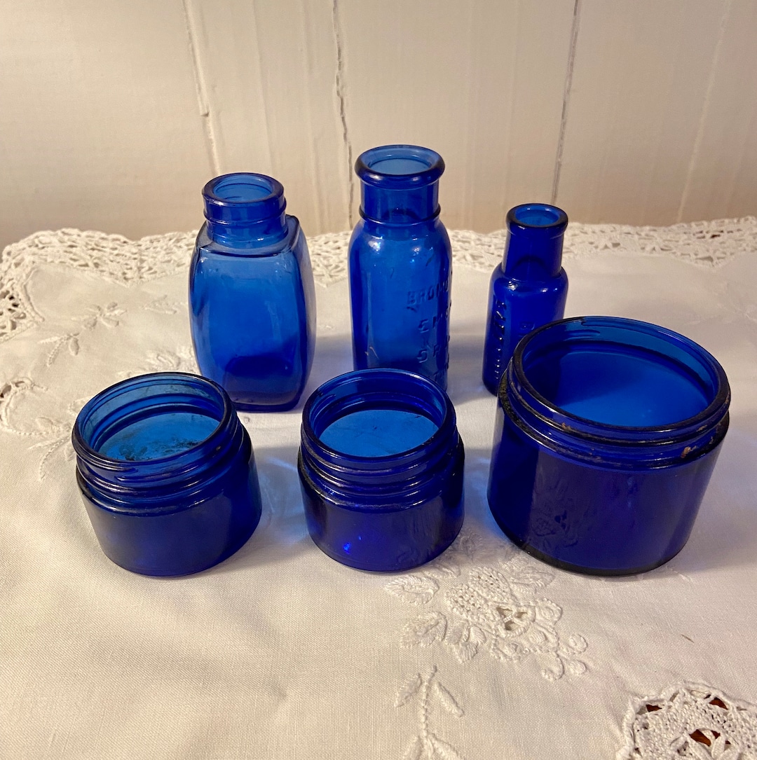 Lot of 6 Vintage Cobalt Blue Glass Jars - Bromo Caffeine, Bromo Seltzer ...
