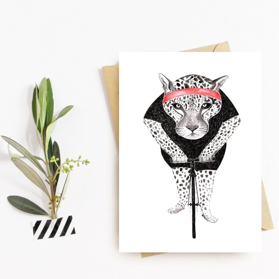 Leopard on Bicycle Postcards, Watercolor Art Print Card, Animal on ...