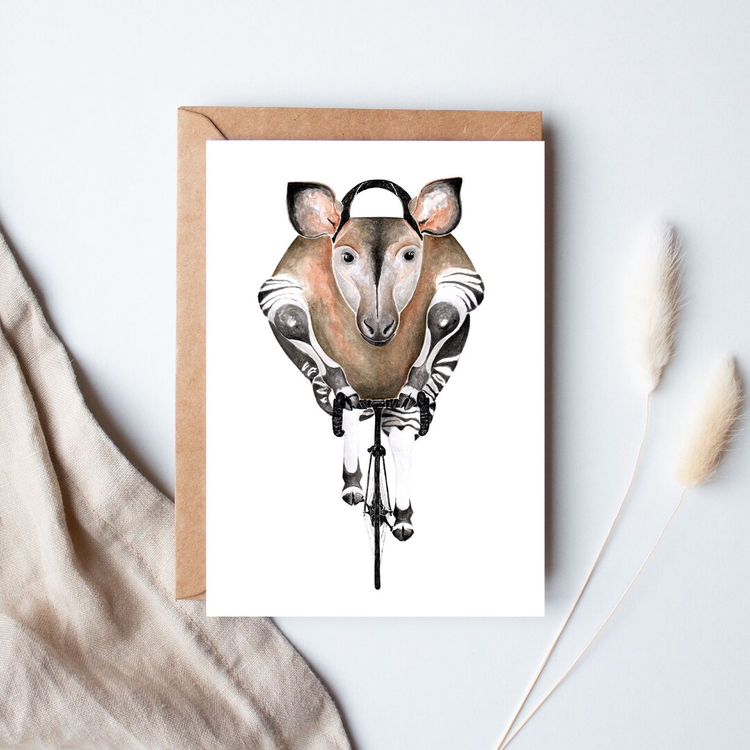 Postcard Okapi on Bike, Watercolor Art Print Card, Animal on Bike ...