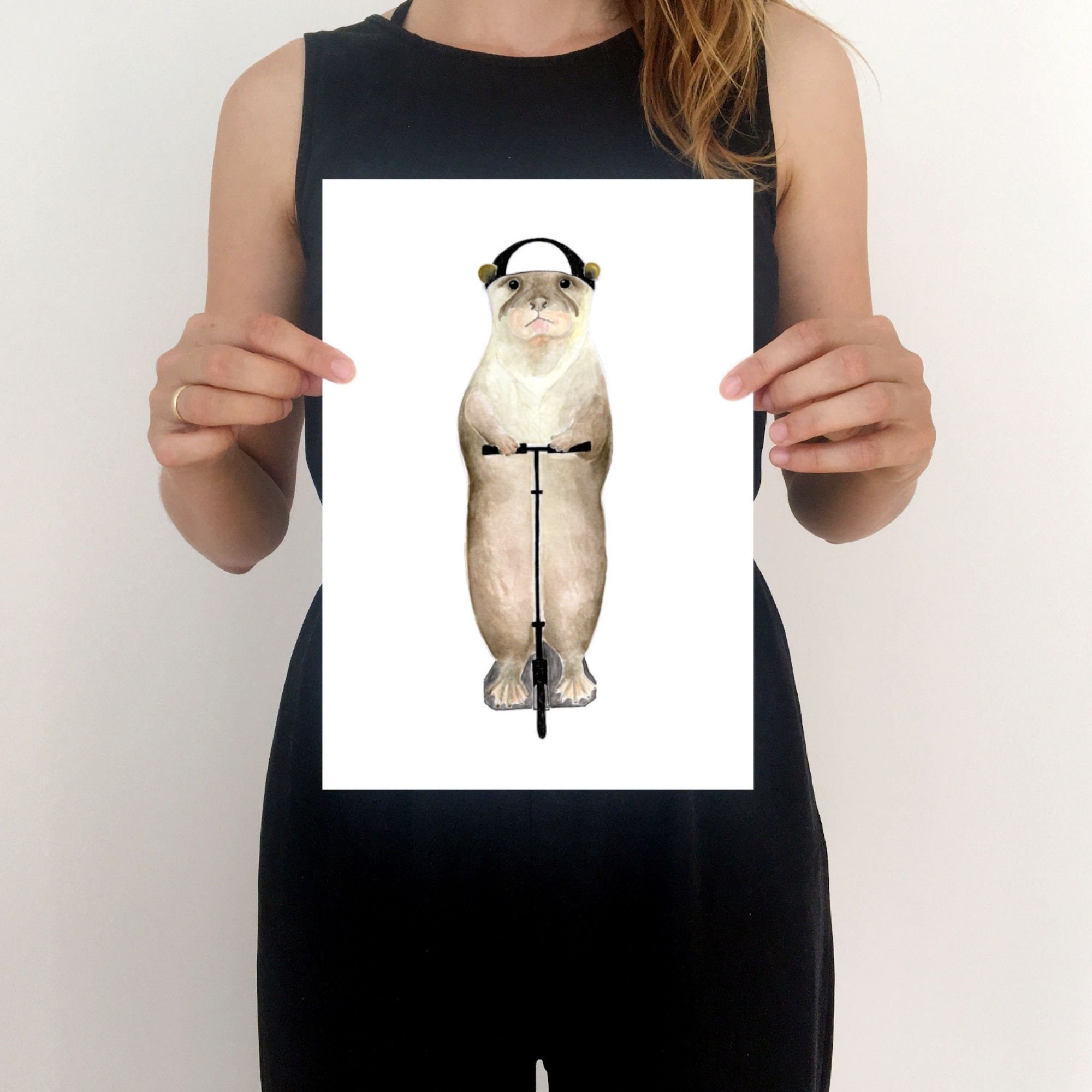 Otter on Scooter Poster, Animal Watercolor Art Print, Children's Room ...