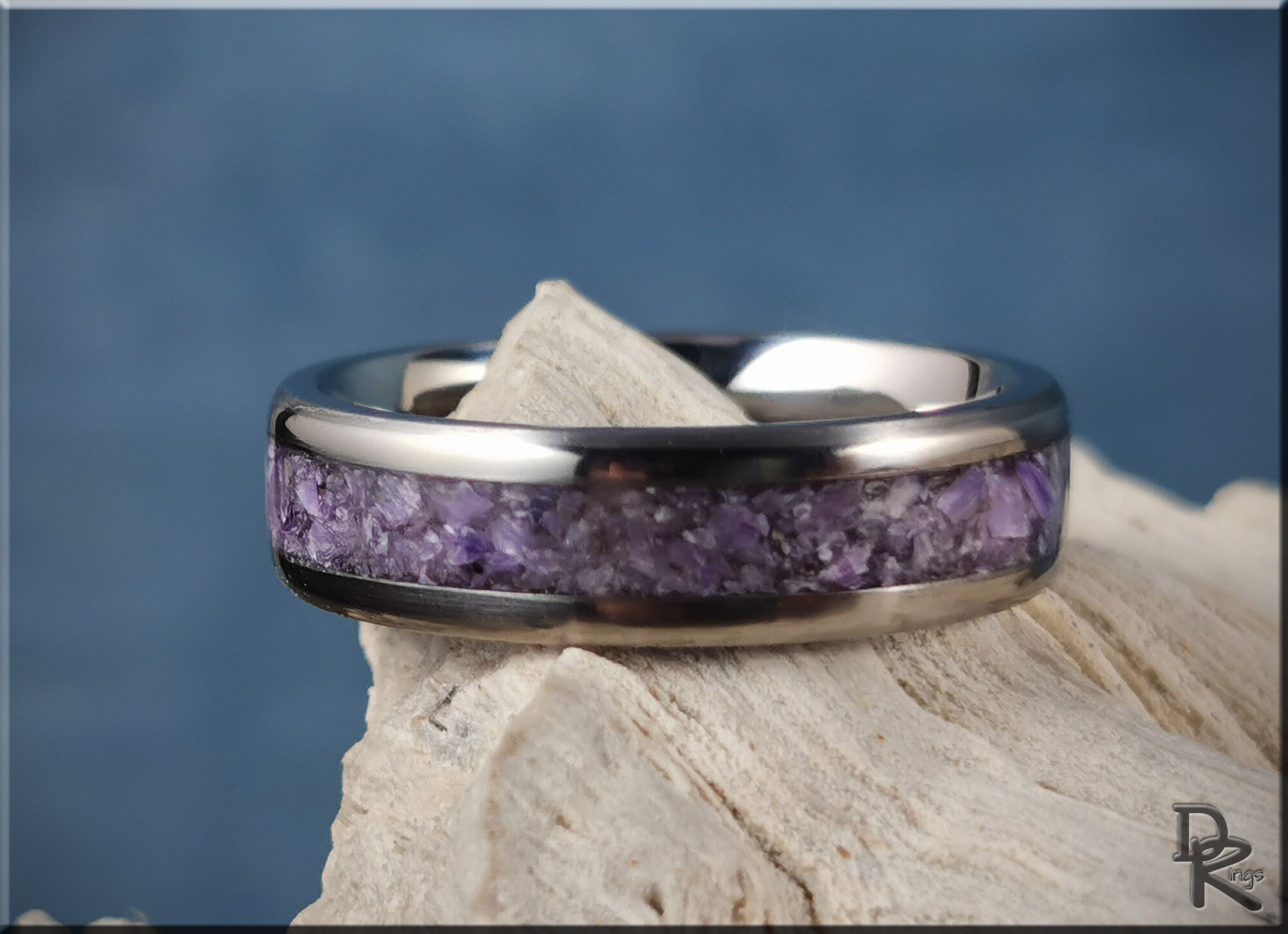 Titanium Channel Ring W/charoite Stone Inlay Metal Ring - Etsy