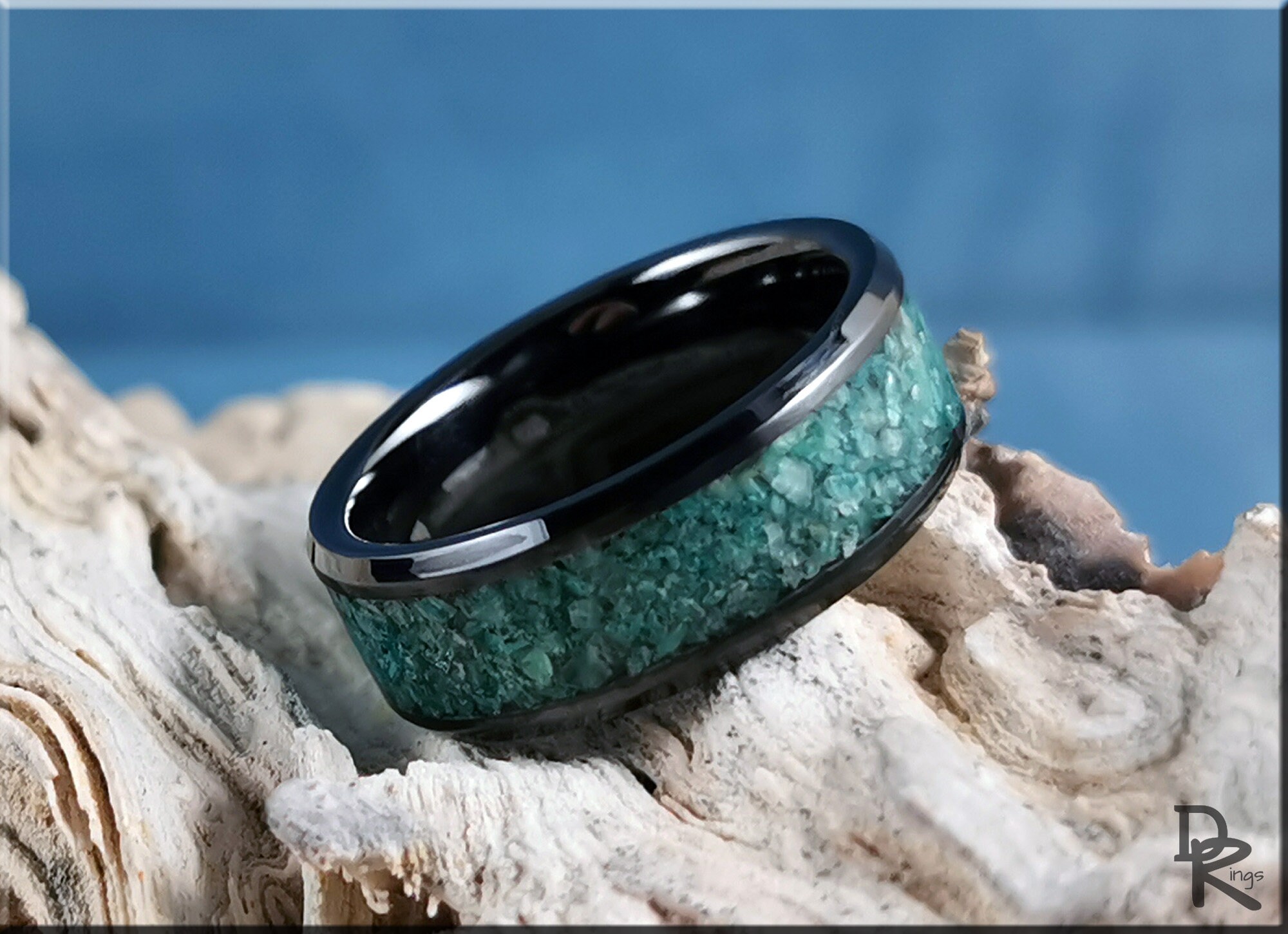 Polished Black Ceramic Channel Ring w/Amazonite Stone inlay | Etsy