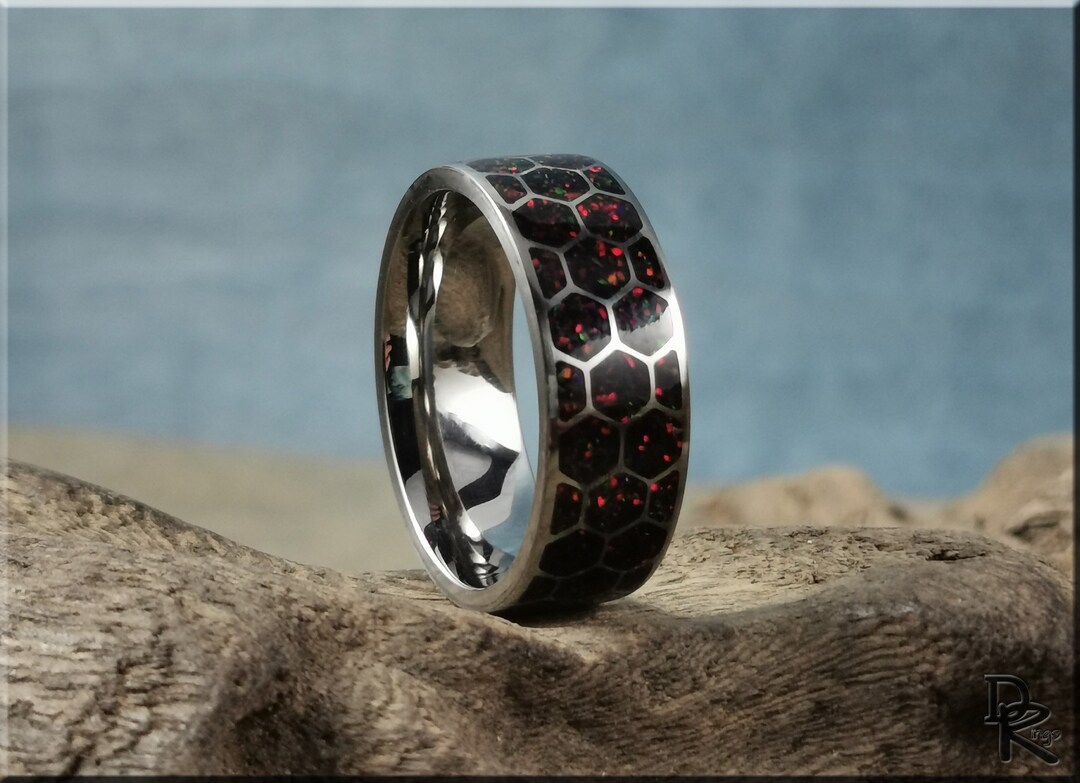 Titanium Honeycomb Ring With Opal Inlay - Etsy
