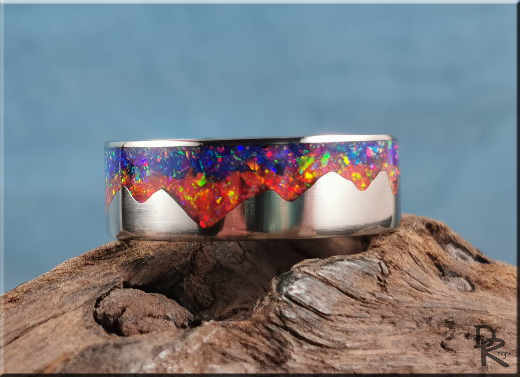 Titanium 'sunset Mountain' Ring W/multi-opal Inlay - Etsy