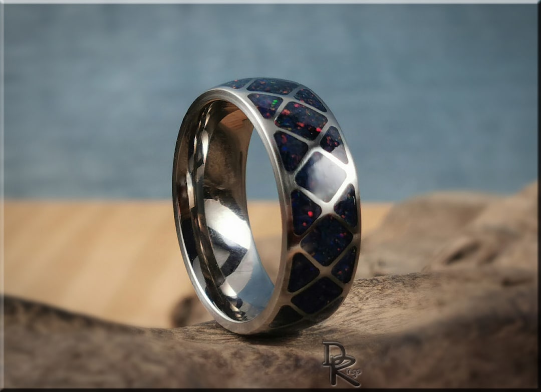The 'diamond Triangle' Titanium Pattern Ring W/opal Inlay - Metal Ring ...