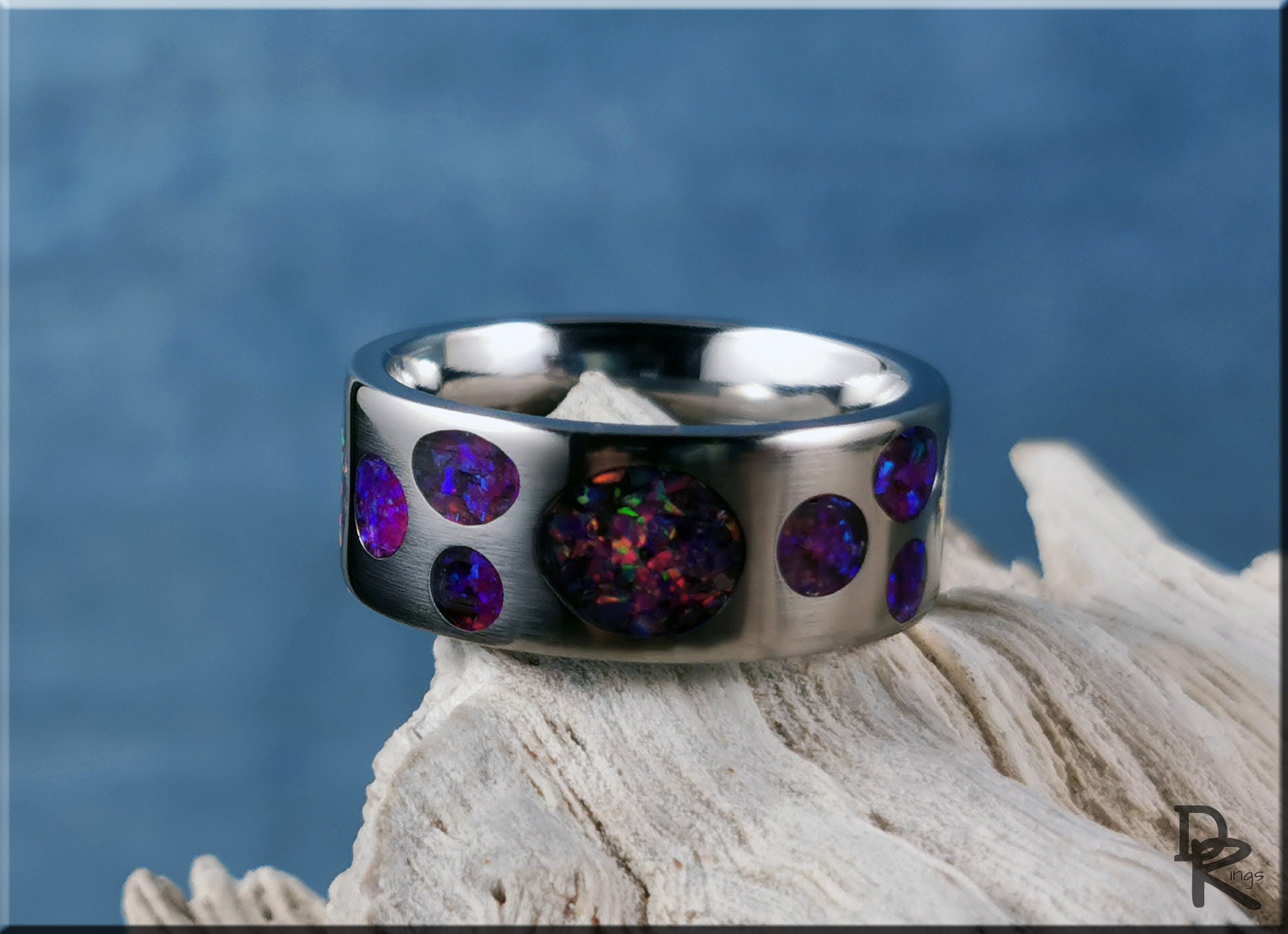 Titanium Circle Pattern Ring W/dual Opal Inlay Metal Ring | Etsy