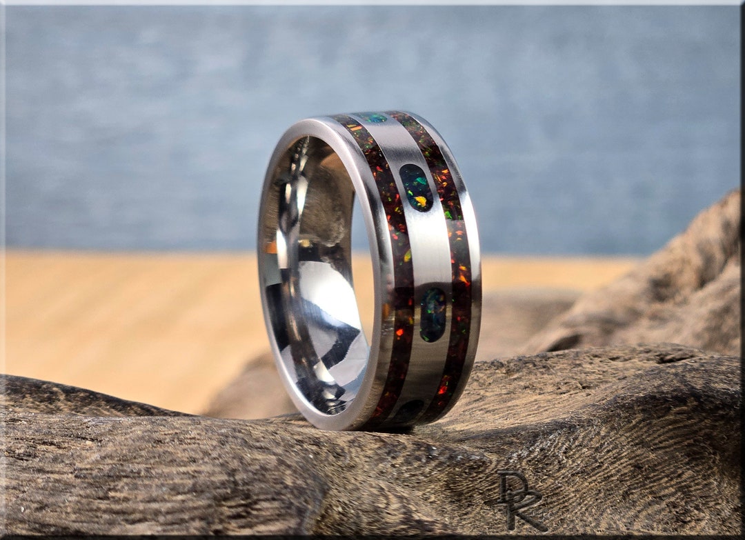 The 'channel Capsules' Titanium Pattern Ring W/dual Opal Inlay Metal ...