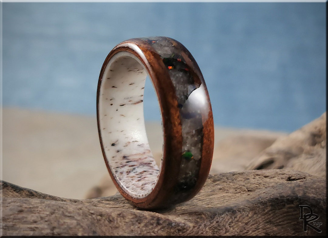 Bentwood Ring - Fumed Aspen W/white Aventurine and Opal Inlay on Deer Antler Ring Core - Wood ...