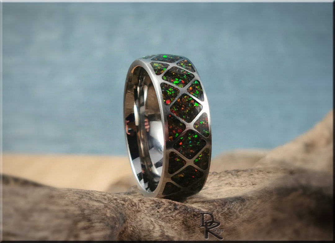 The 'diamond Triangle' Titanium Pattern Ring W/opal Inlay - Metal Ring ...