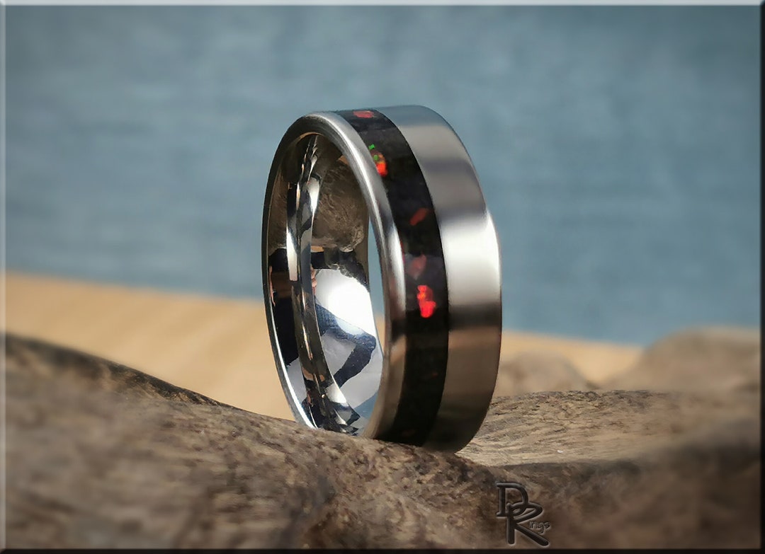Titanium 8mm Channel Ring W/offset Icelandic Lava and Opal Inlay ...