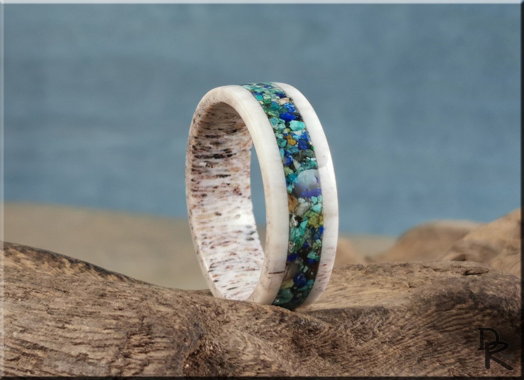 Deer Antler Channel Ring W/bluebird Azurite Stone Inlay - Antler Ring ...