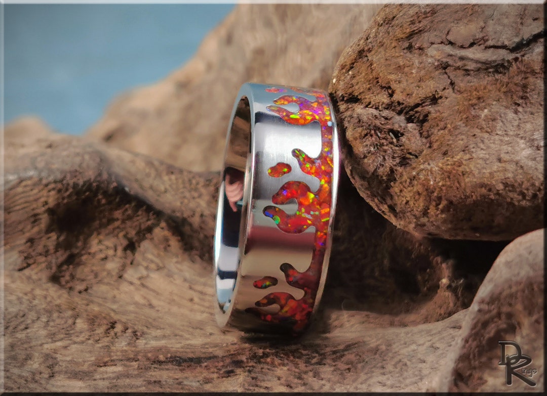 Titanium Flame Pattern Ring W/opal Inlay - Metal Ring - Etsy