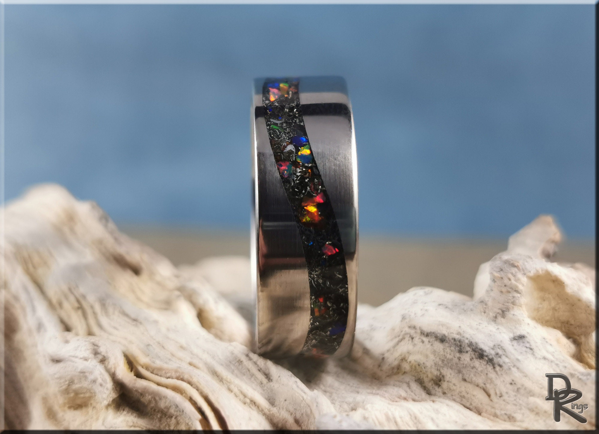 Titanium Wave 8mm Channel Ring W/meteorite and Multi-opal and - Etsy