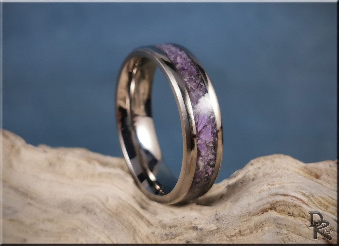 Titanium Channel Ring W/charoite Stone Inlay - Metal Ring - Etsy