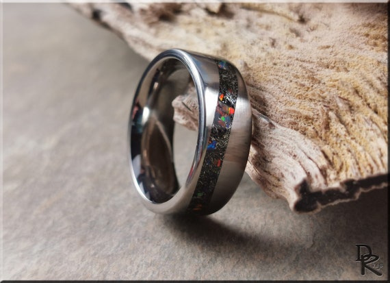 Titanium Wave 8mm Channel Ring W/meteorite and Multi-opal and - Etsy