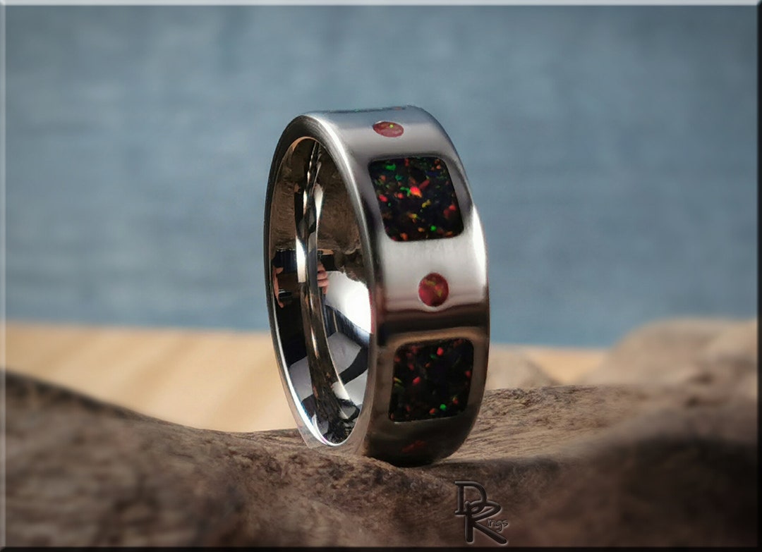 The 'square Circle' Titanium Pattern Ring W/dual Opal Inlay Metal Ring ...