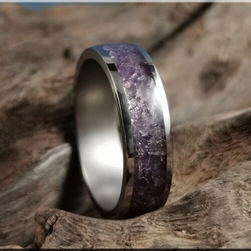 Titanium Channel Ring W/hematite Stone Inlay Metal Ring | Etsy