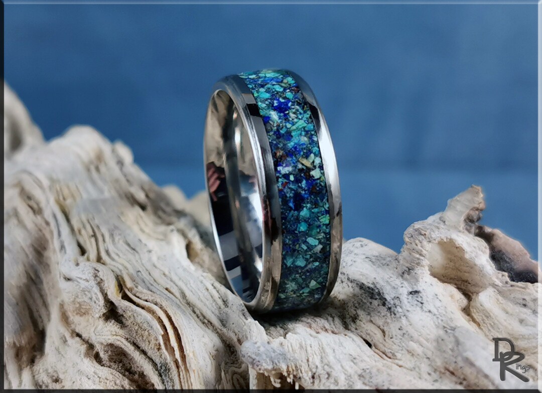 Titanium Channel Ring W/bluebird Azurite Stone Inlay - Metal Ring - Etsy