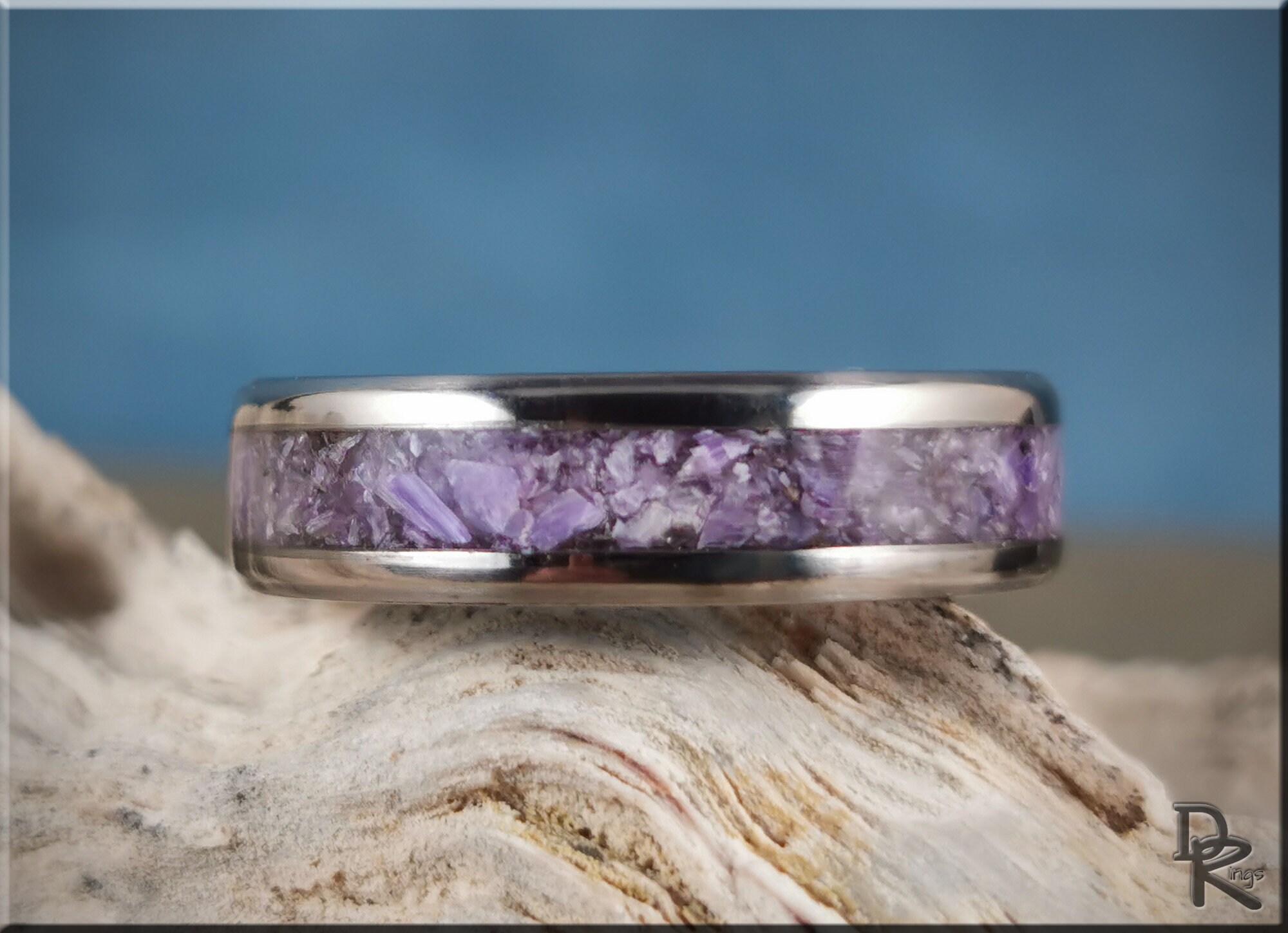Titanium Channel Ring W/charoite Stone Inlay Metal Ring - Etsy
