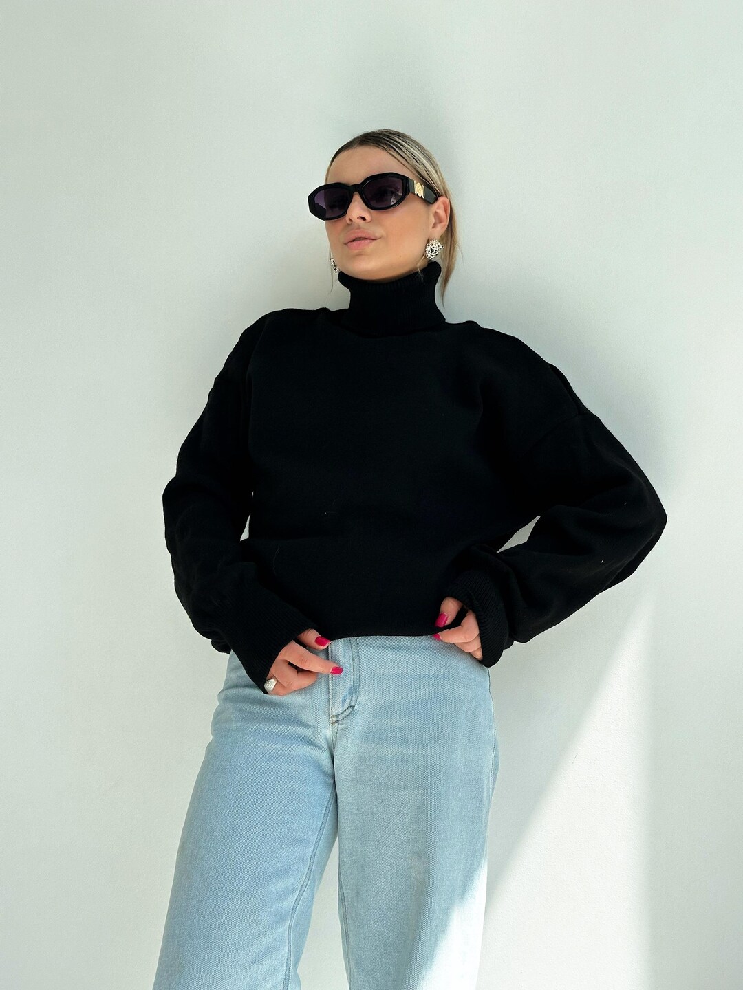 Black Oversized Sweater Turtleneck, Warm Sweater Turtleneck for Women ...