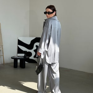 Silk Silver Suit, Silk Oversized Silver Gray Women Suit, Silk Luxe ...
