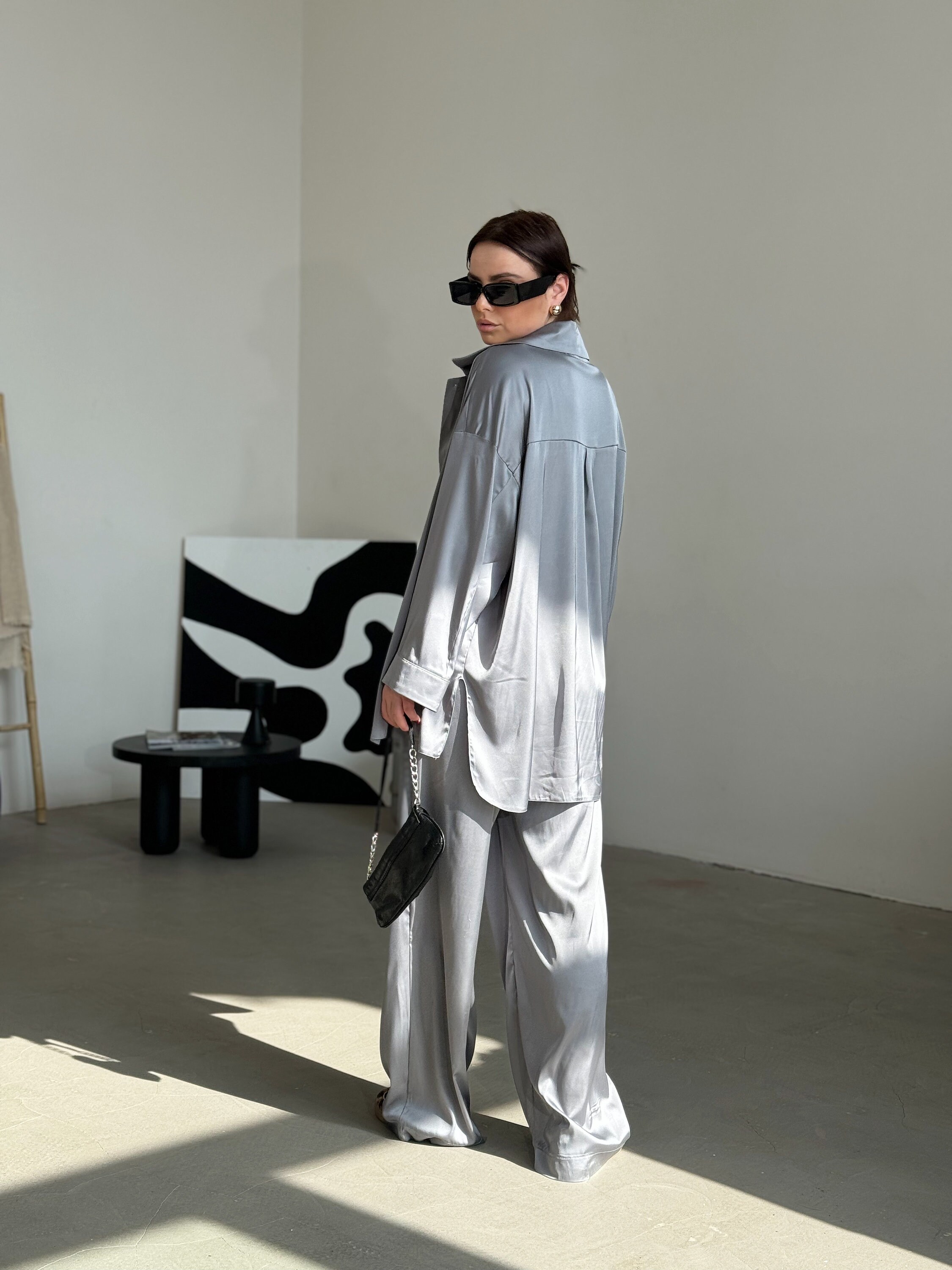 Silk Silver Suit, Silk Oversized Silver Gray Women Suit, Silk Luxe ...