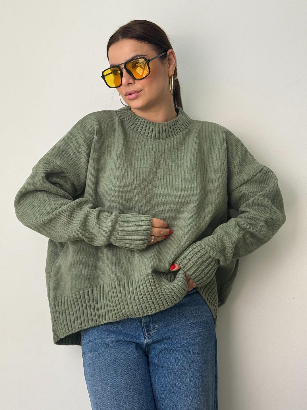 Sage Green Oversized Sweater, Chunky Knit Sweater, Relaxed Fit Sweater ...