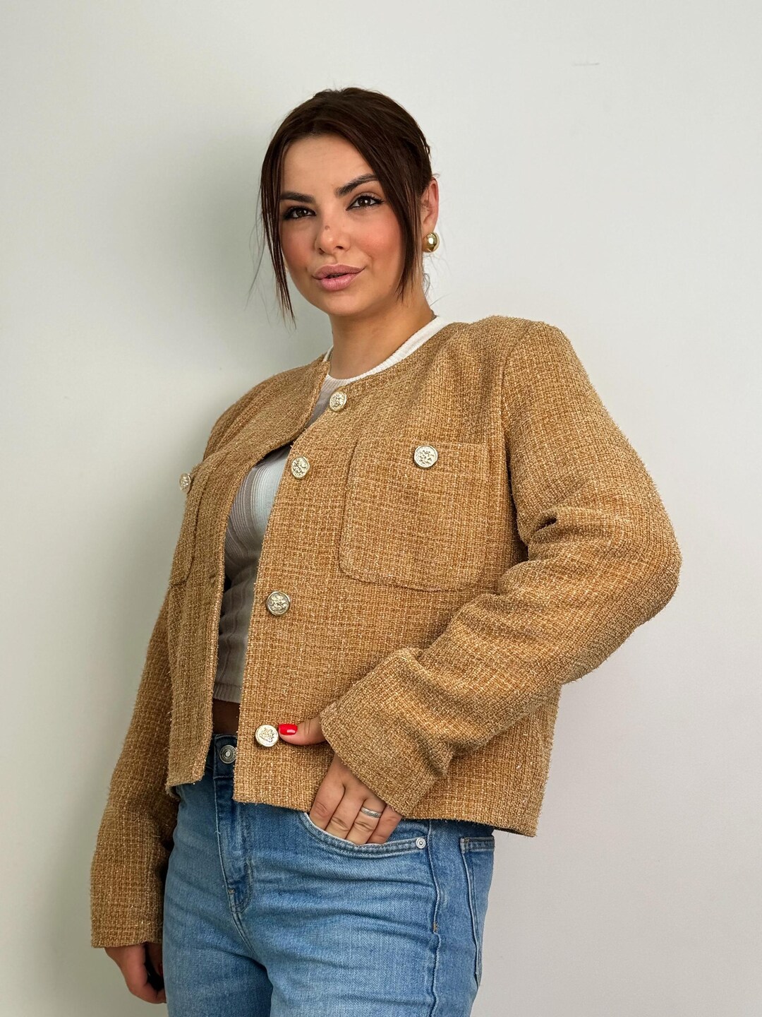 Beige Tweed Jacket, Classic Tweed Coat, Gold Button Jacket, Elegant ...