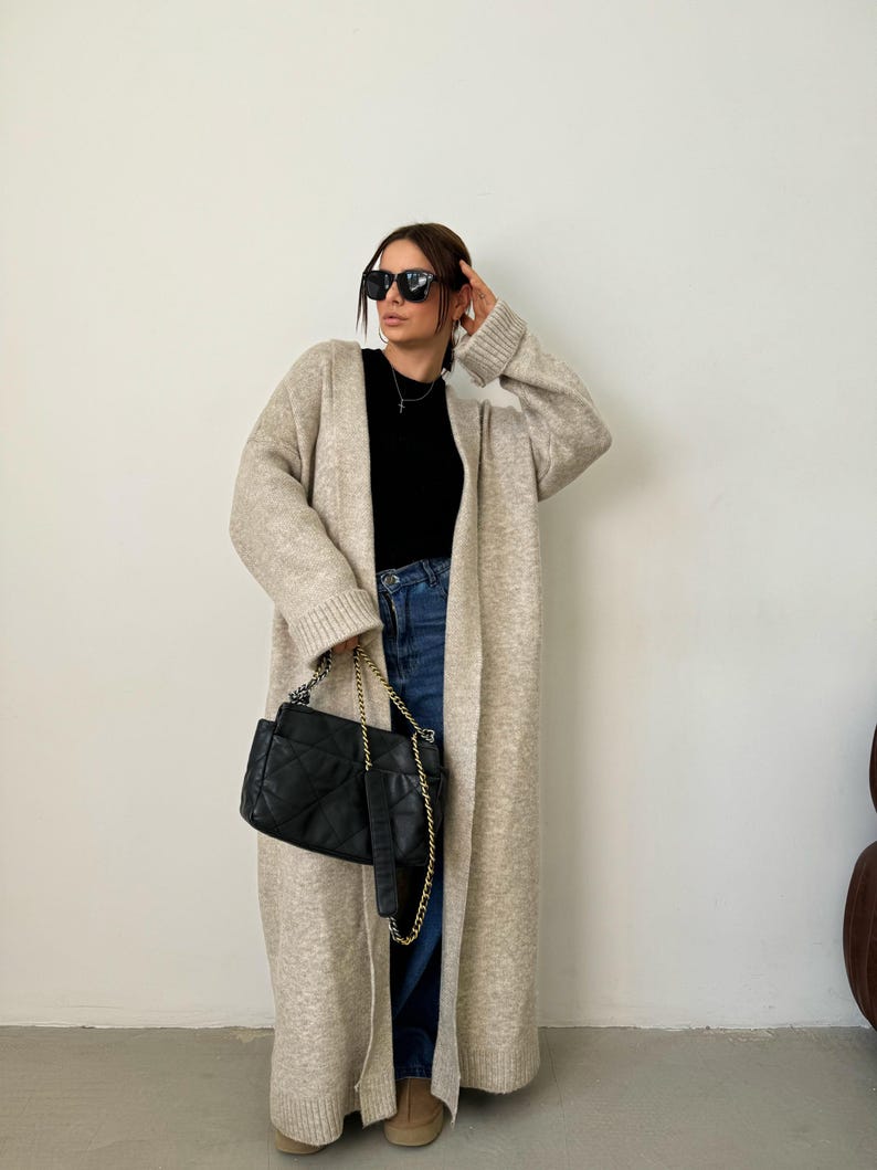 Beige Extra Long Cardigan, Oversized Wool Knit Coat, Cozy Loungewear ...