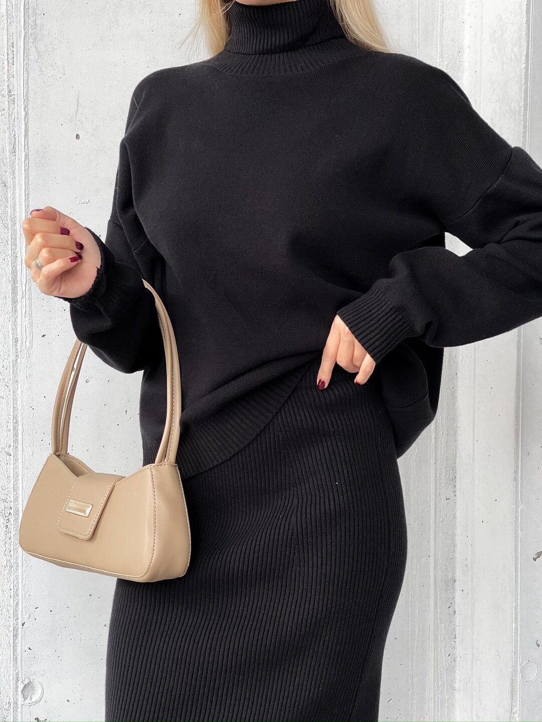 Knitted Two Piece Set for Women in Black, Cozy Oversized Sweater and ...