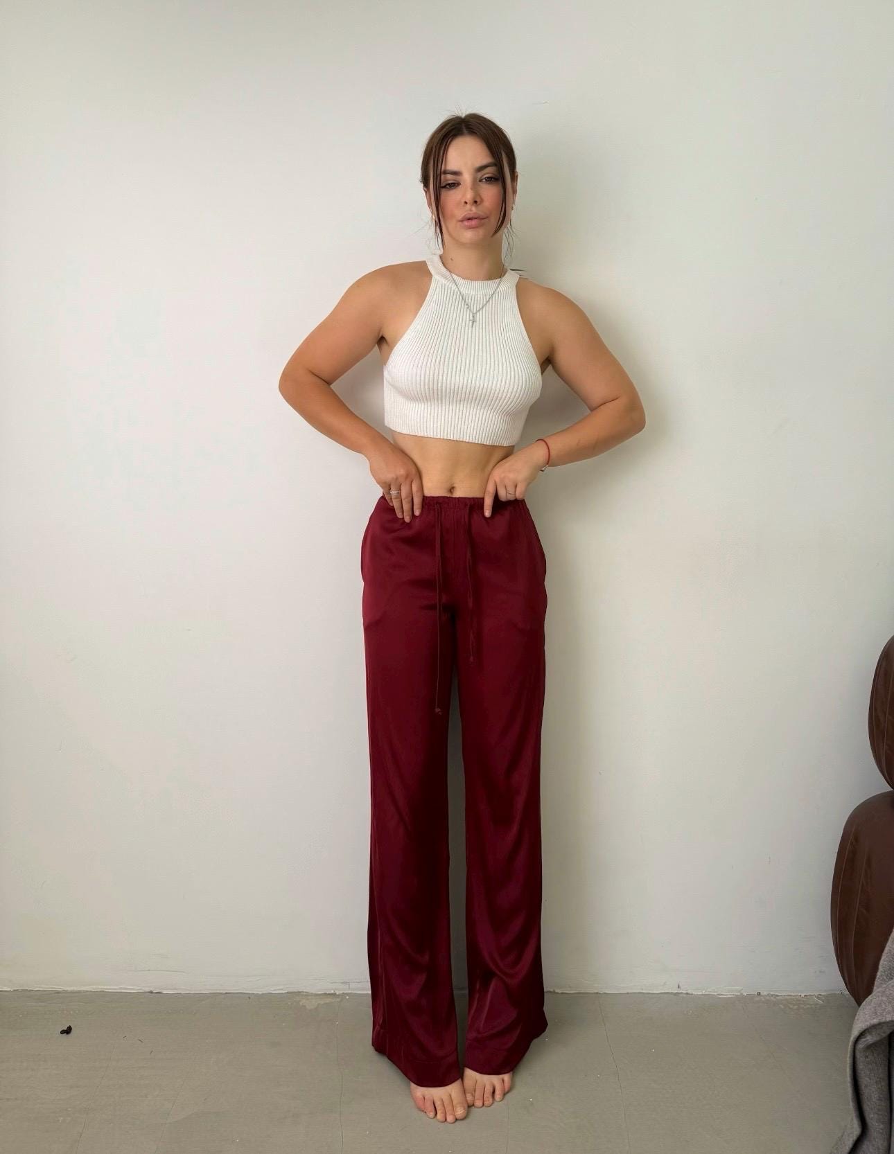 High Waisted Wide Leg Silk Trousers in Red, Silk Trousers, Silk Pants ...