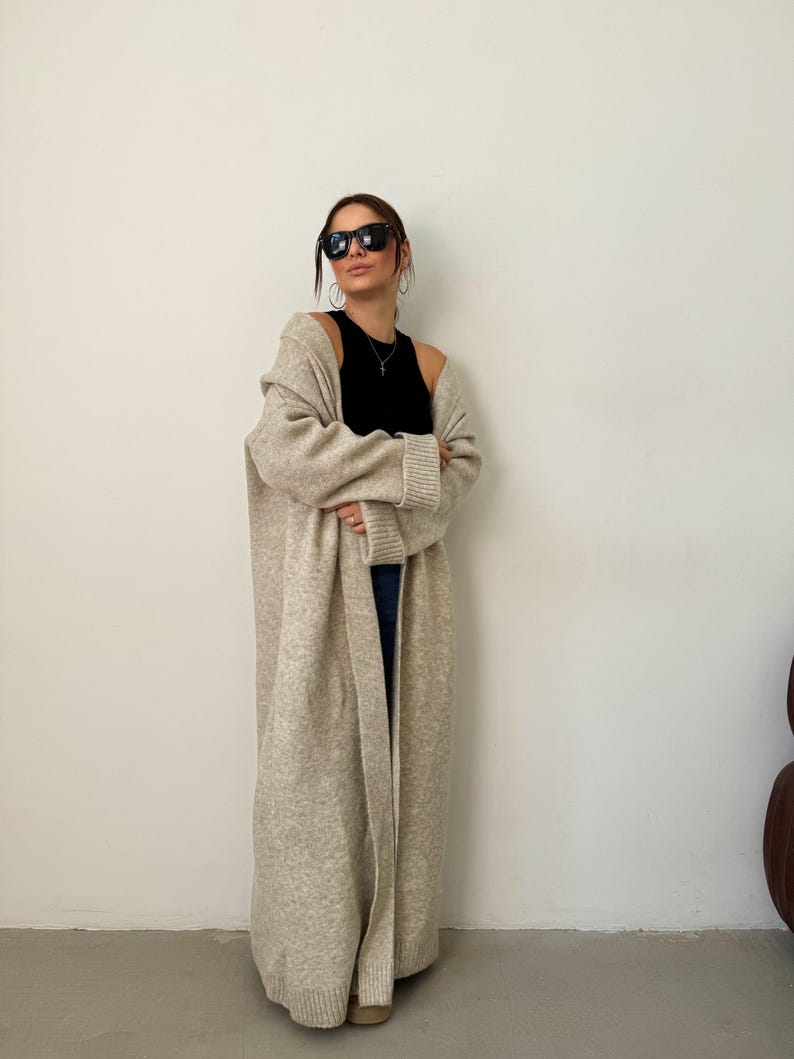Beige Extra Long Cardigan, Oversized Wool Knit Coat, Cozy Loungewear ...