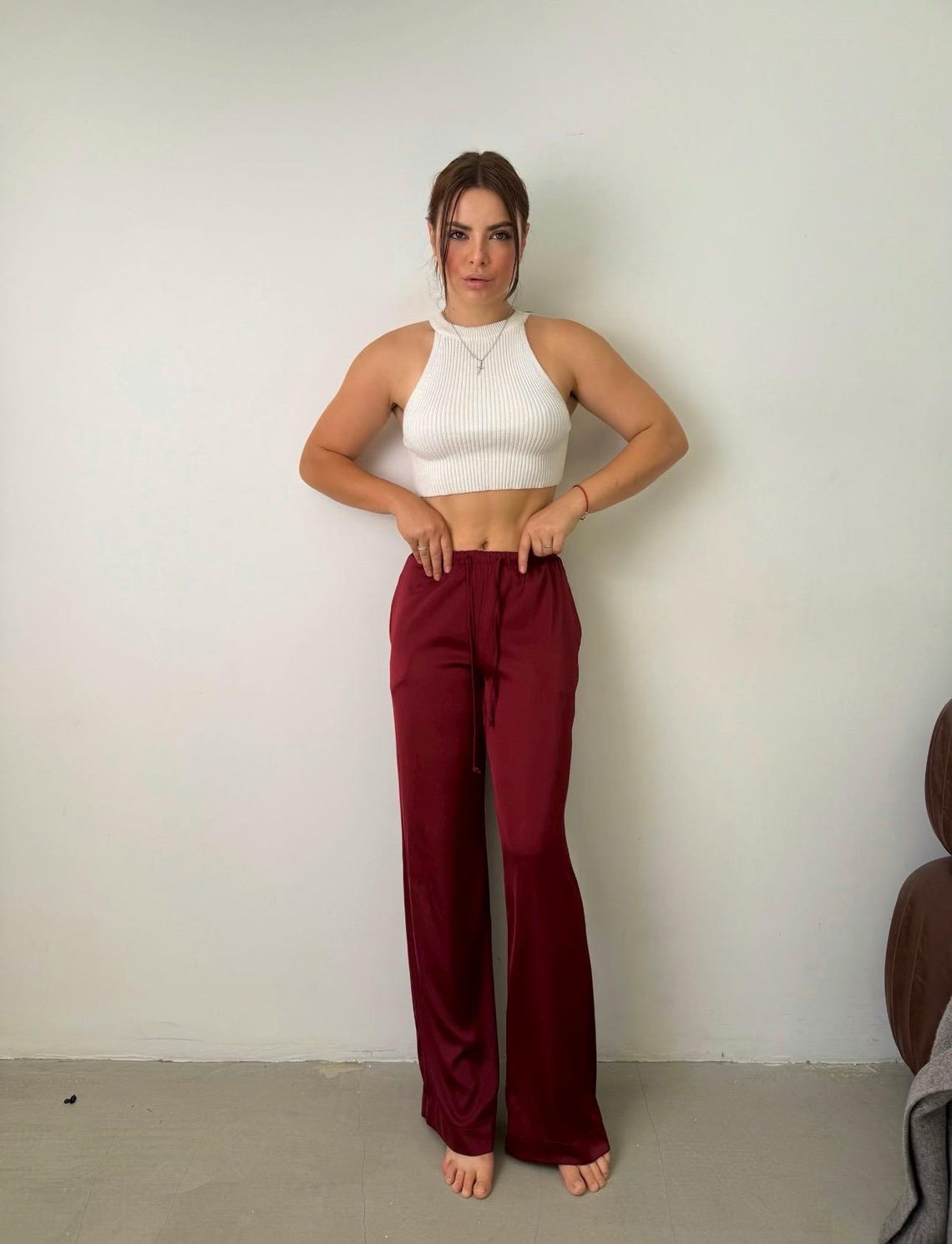 High Waisted Wide Leg Silk Trousers in Red, Silk Trousers, Silk Pants ...