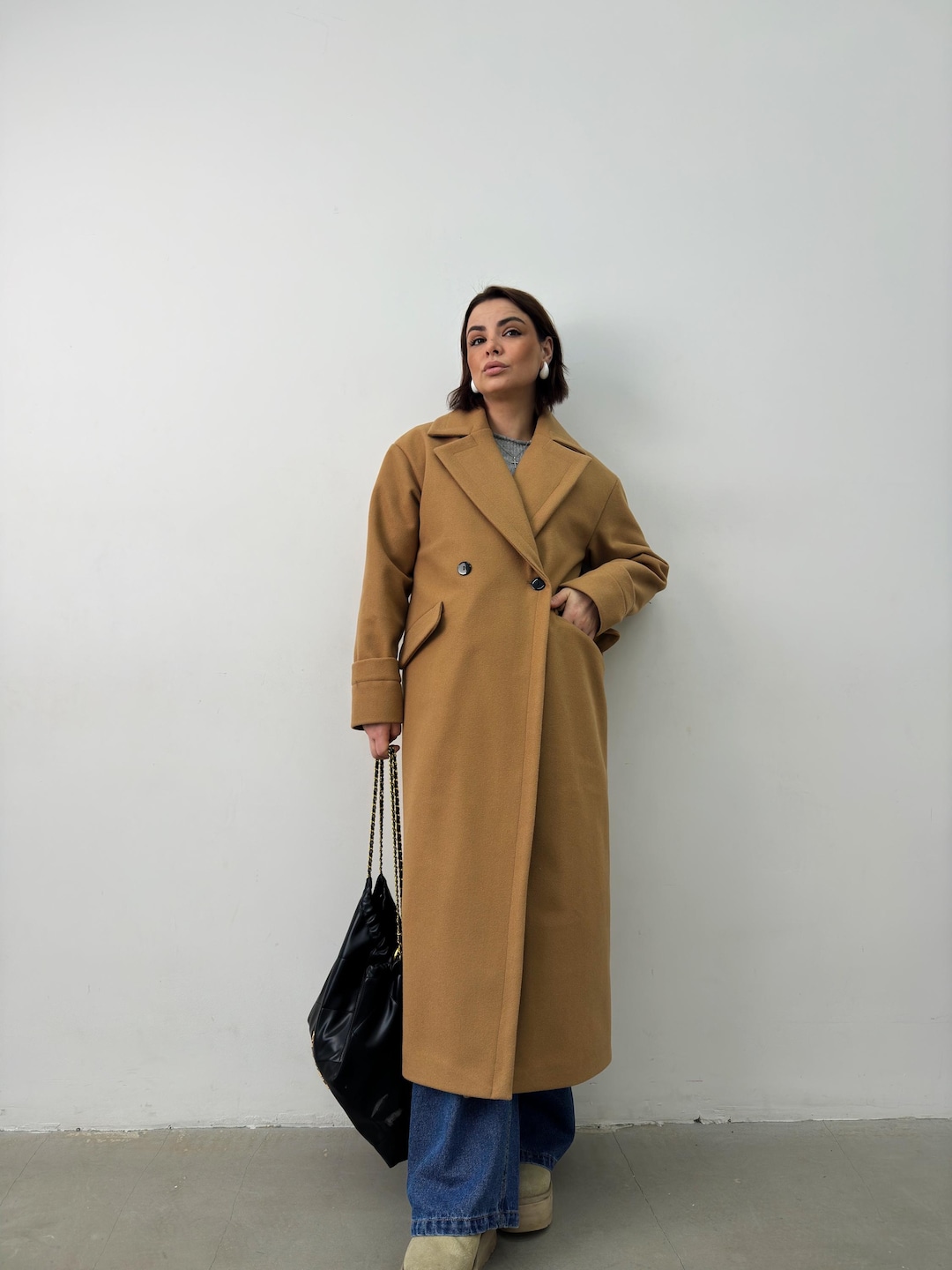 Oversized Camel Wool Blend Coat - Women’s Double-breasted Winter ...