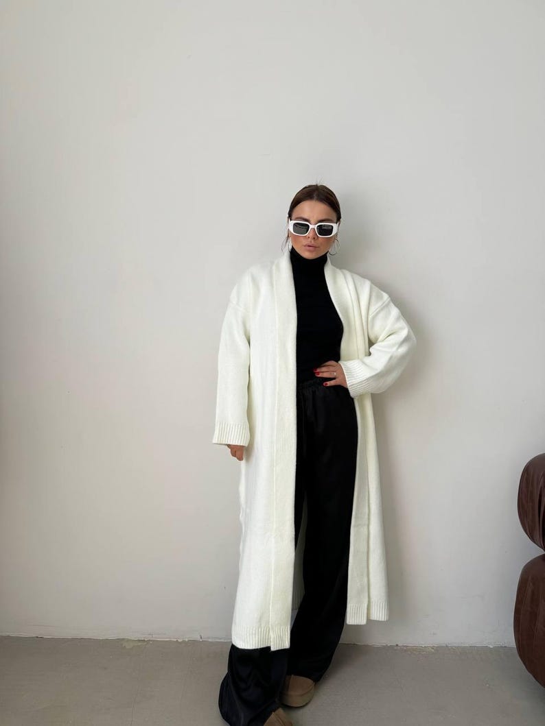White Extra Long Cardigan, Oversized Cardigan, Ankle Length Cardigan ...