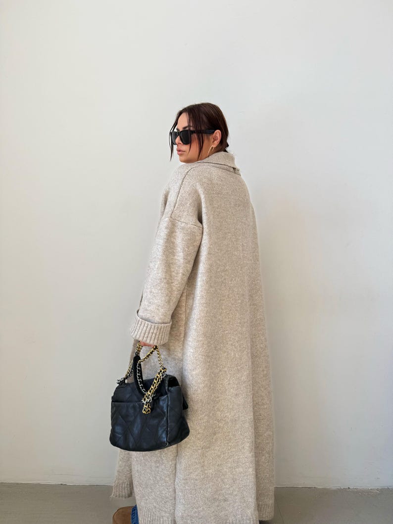 Beige Extra Long Cardigan, Oversized Wool Knit Coat, Cozy Loungewear ...