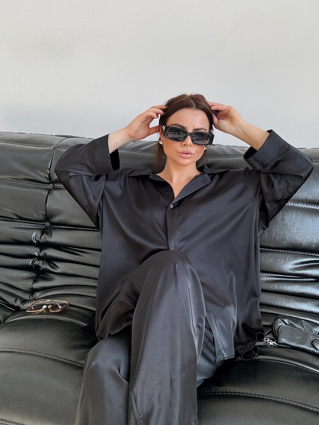 Black Silk Suit Set for Women 2 Piece Set Loose Fit Suit Asymmetric ...