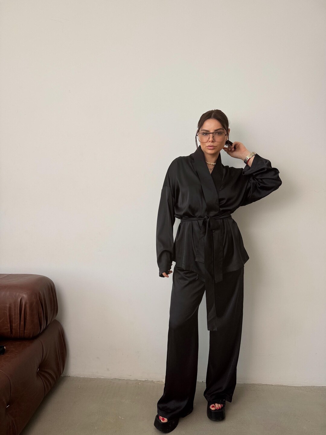 Silky Kimono Women's Suit: Flowy Top & Wide Leg Trousers - Etsy