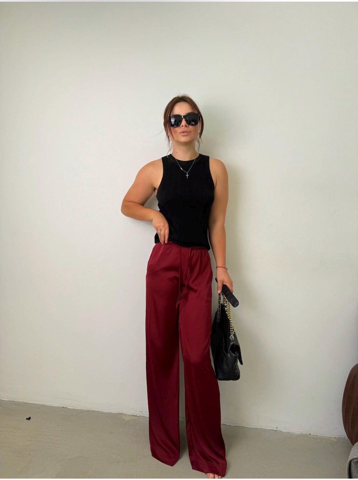 High Waisted Wide Leg Silk Trousers in Red, Silk Trousers, Silk Pants ...