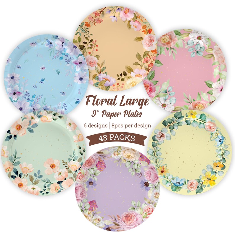 Floral Paper Plates Party Supplies 9 Pack of 48 Elegant - Etsy