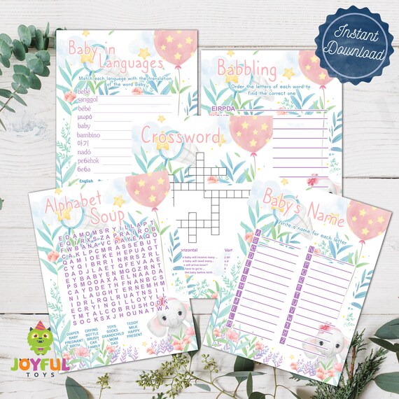 Printable Elephant Baby Shower Games Bundle, Girl Elephant Baby Shower ...
