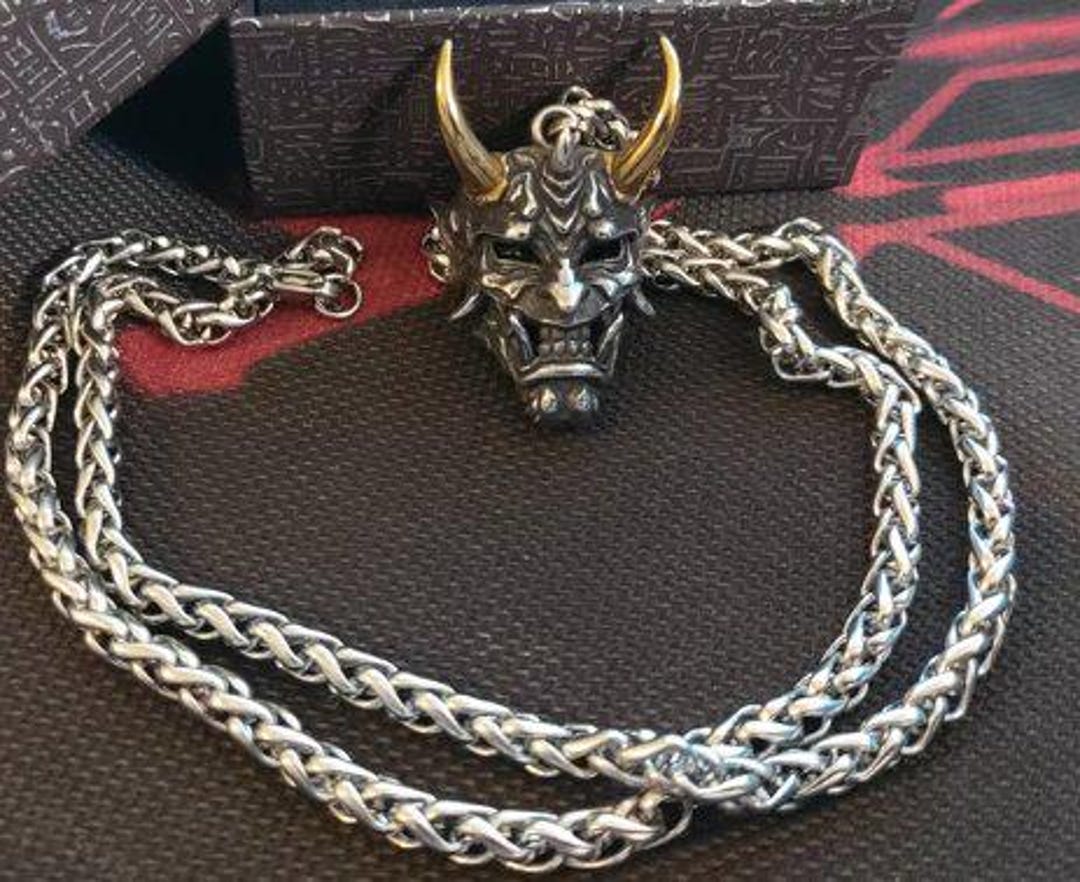 Japanese Hannya Demon Mask Pendant Necklace Gothic Skull Chain Dark ...