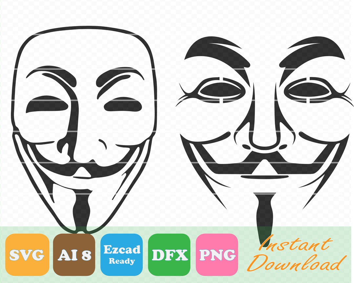 Anonymous Guy Fawkes Mask Silhouette, SVG, DXF, PNG, AI8 (ezcad Import ...