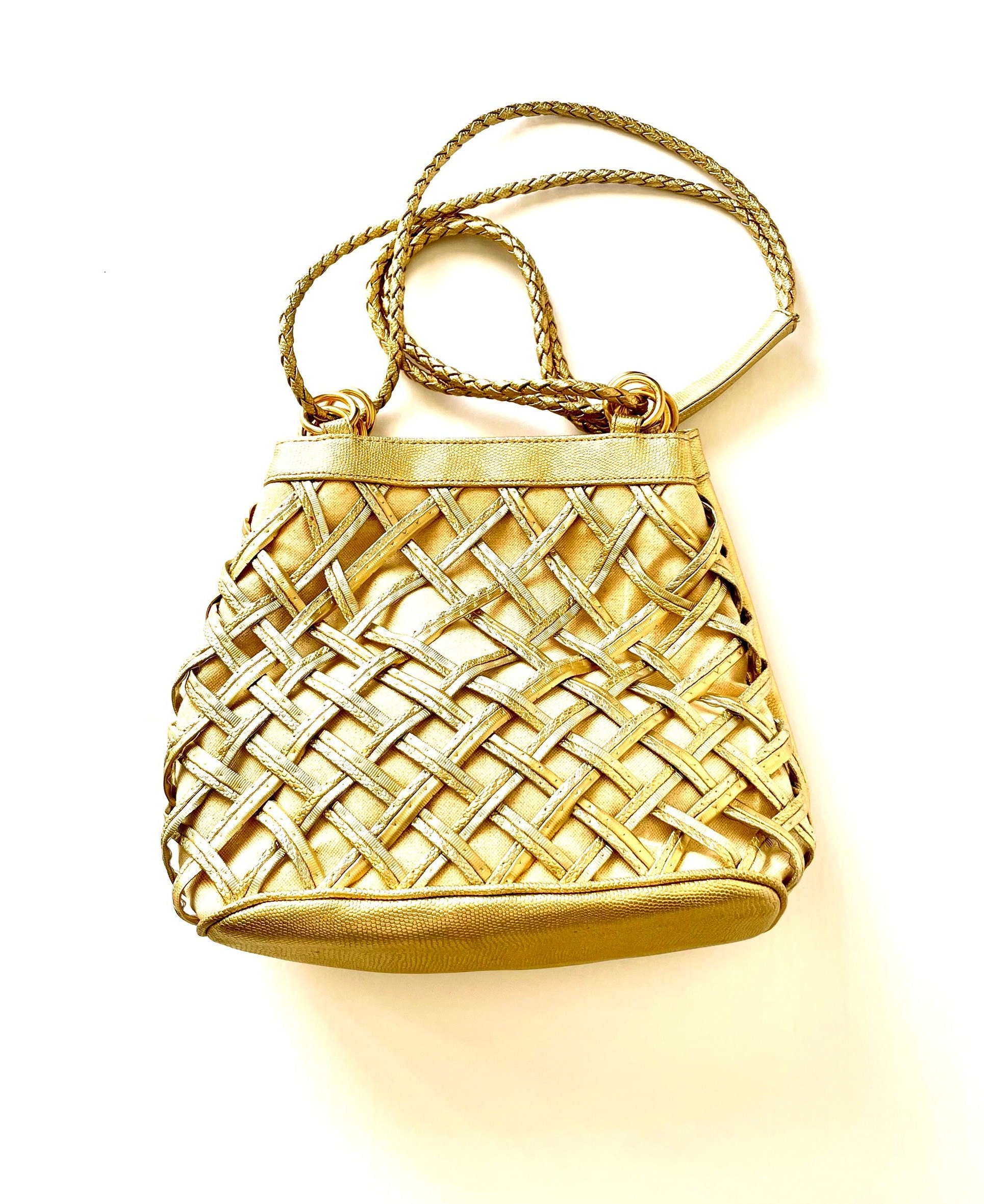 TIANNI 1990s Late 80s Era Gold Metallic Basket Weave Bucket Bag ...