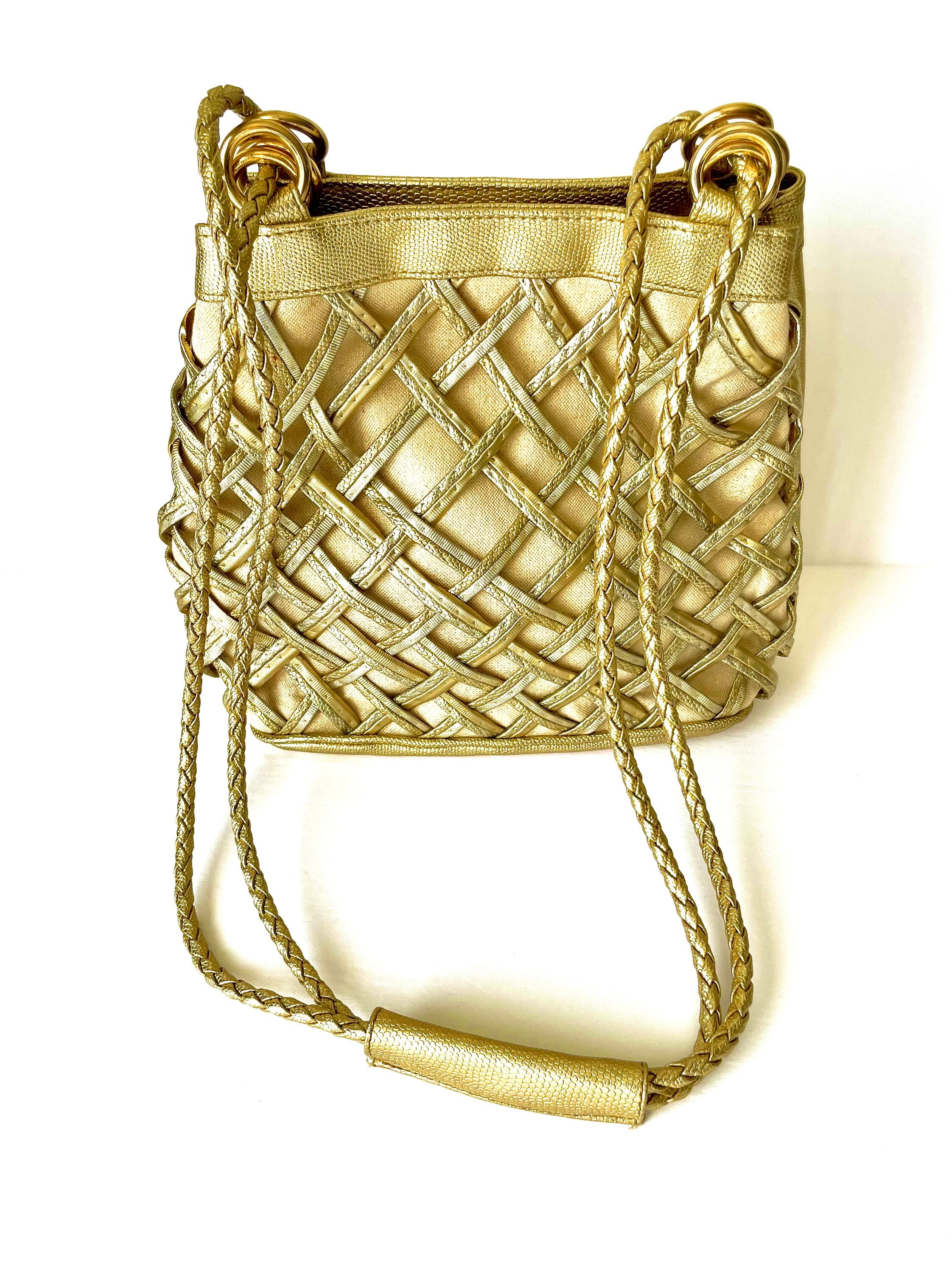 TIANNI 1990s Late 80s Era Gold Metallic Basket Weave Bucket Bag ...